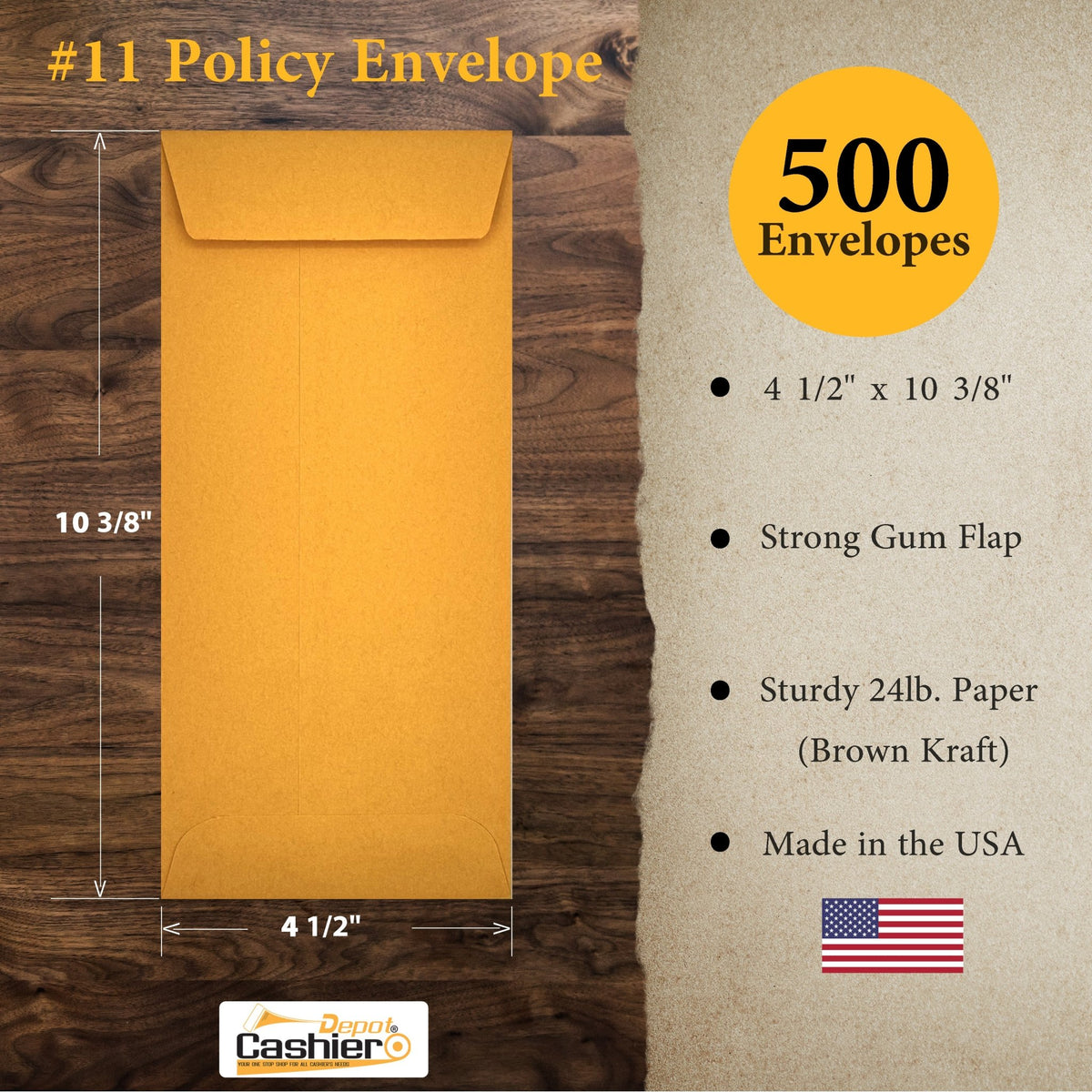 #11 Policy Envelope, 4 1/2 x 10 3/8, 24lb. Kraft, Gum Flap – Cashier Depot