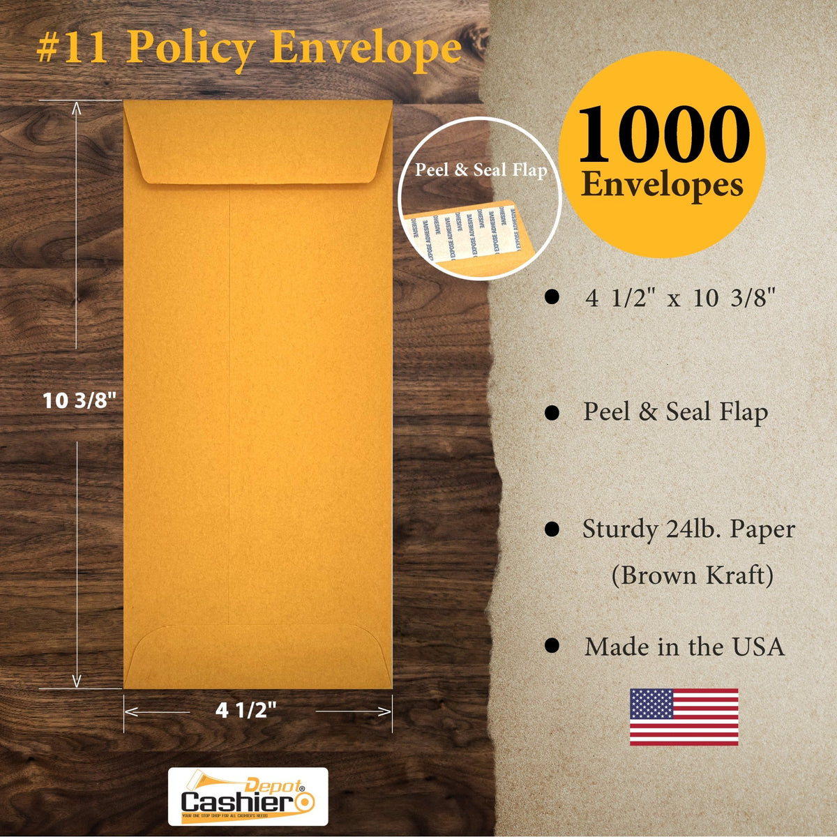 #11 Policy Envelope (Open End), 4 1/2 x 10 3/8, Sturdy 24lb. Brown Kra ...
