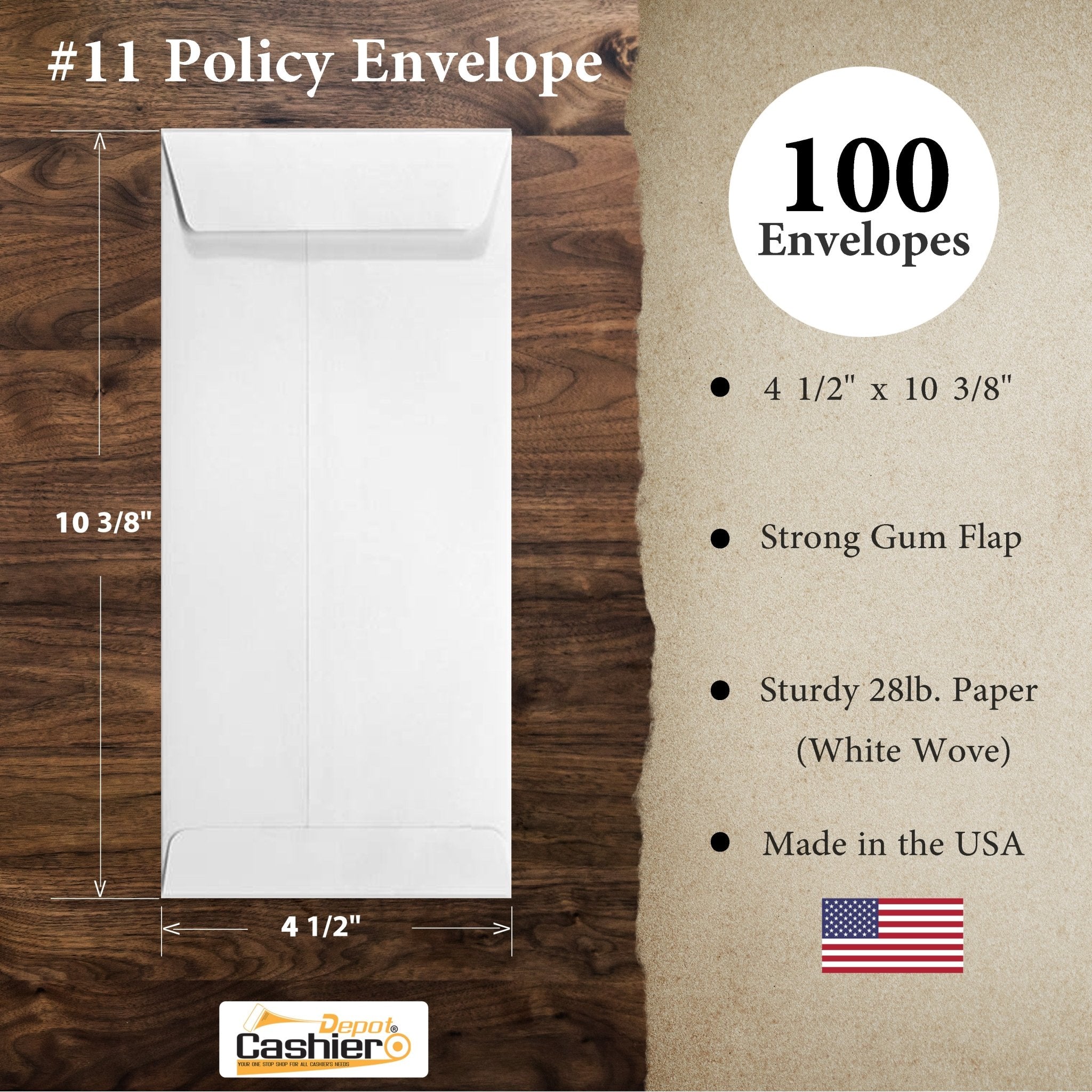 #11 Policy (Open End) Envelope, 4 1/2 x 10 3/8, Sturdy 28lb. White, Gu ...