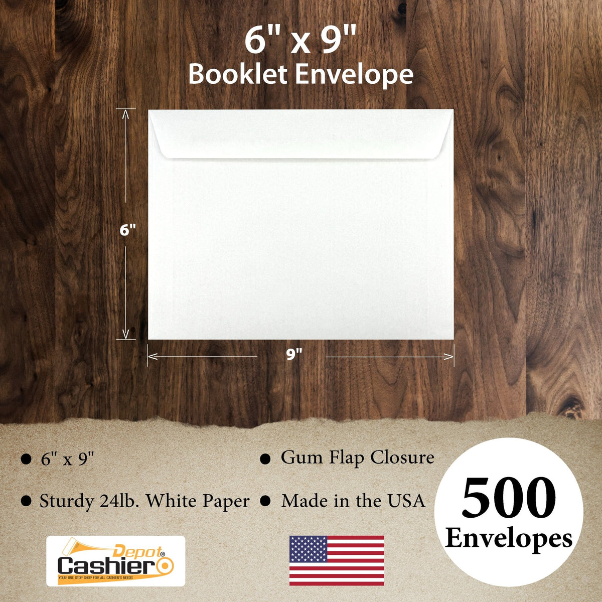 Cashier Depot 6" x 9" Booklet Envelopes, Sturdy 24lb. White, Gum Flap