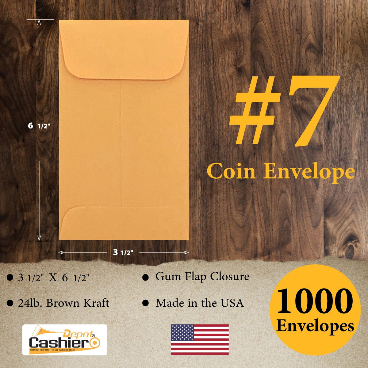 #7 Coin Envelopes, 3-1/2" X 6-1/2", Kraft, 24lb., Gum Flap – Cashier Depot