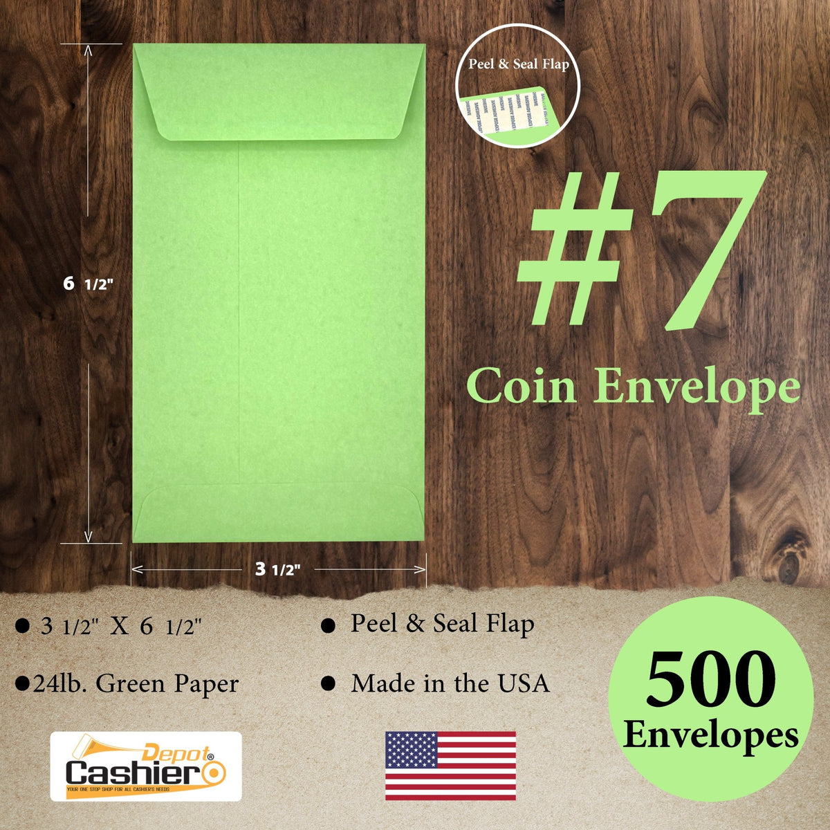 #7 Coin Envelope 3-1/2" X 6-1/2", Pastel Green Peel & Seal – Cashier Depot