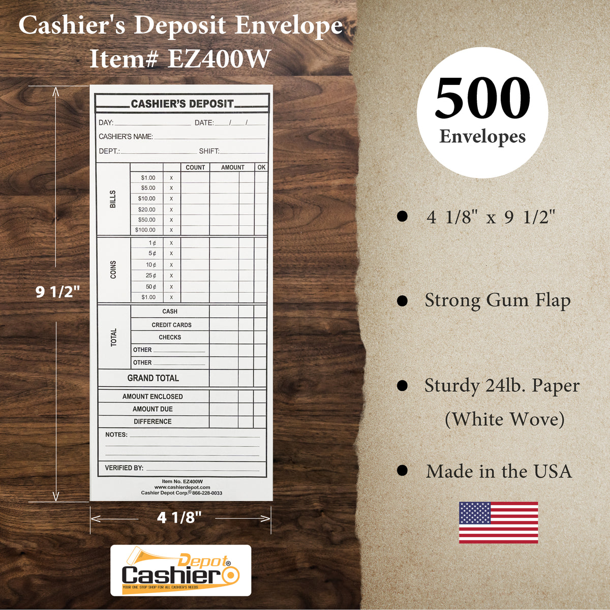 Cashier Depot EZ400 Cashier's Deposit Report Envelope, 4 1/8" x 9 1/2 ...