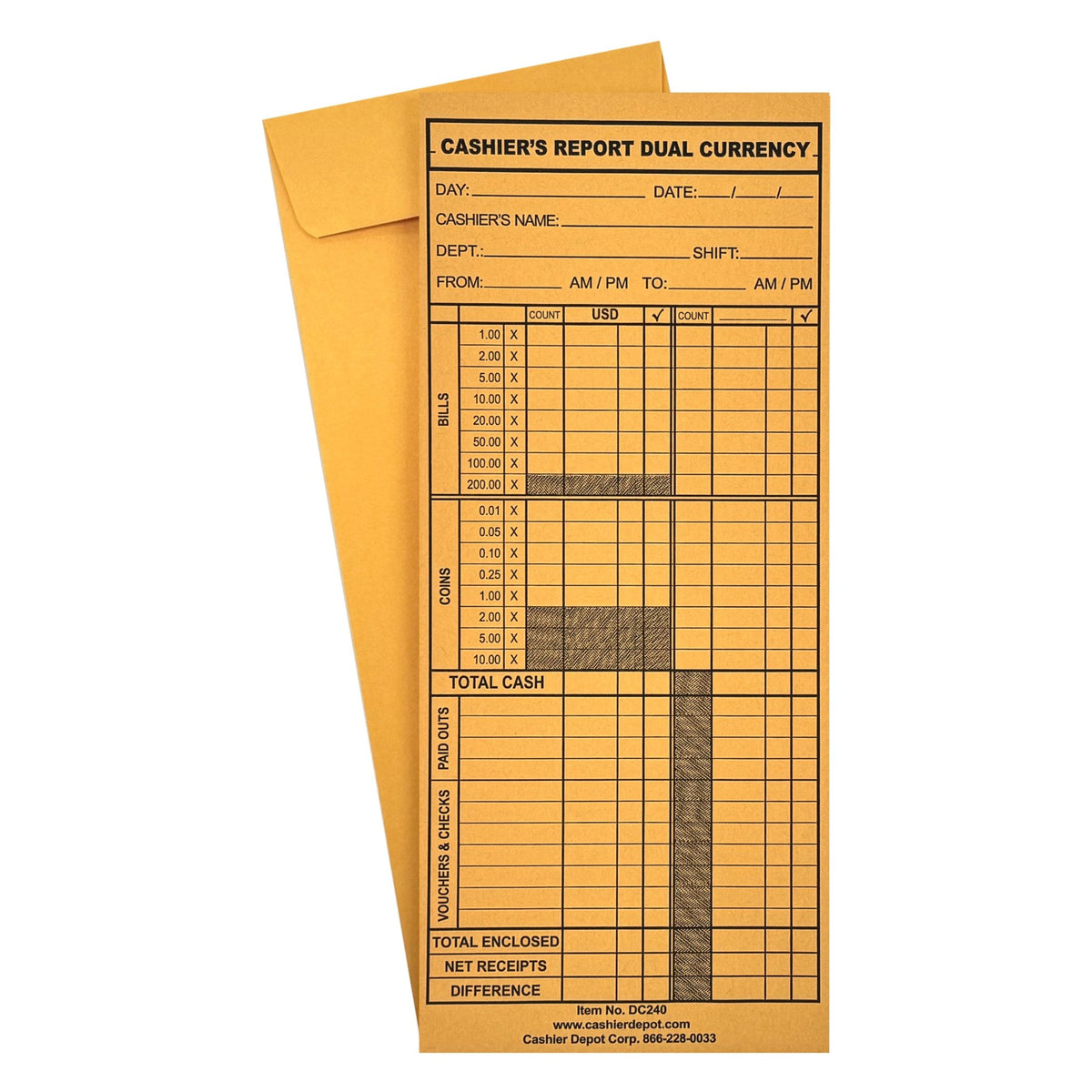 DC240 Cashier's Report Dual Currency Envelope, 4 1/2" x 10 3/8", Kraft ...