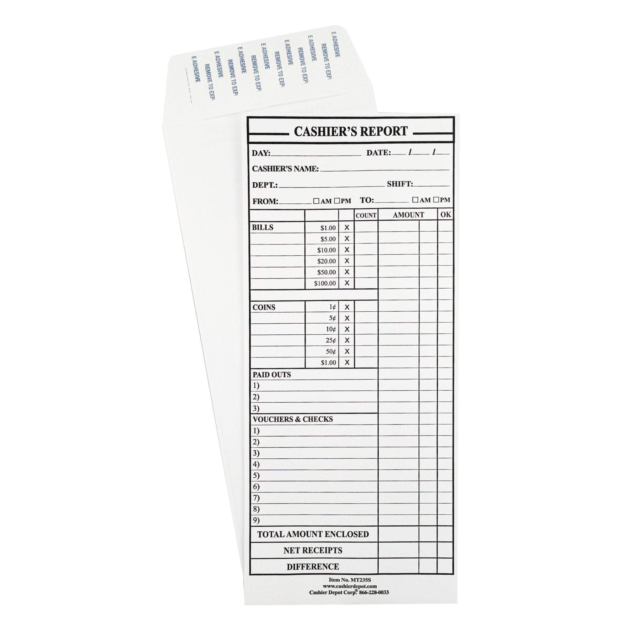 Cashier's Report Envelope MT235S, 4 1/2" x 10 3/8",Sturdy 24lb. White ...