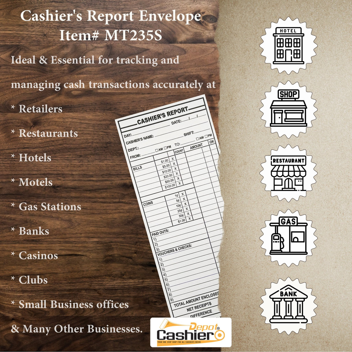 Cashier's Report Envelope MT235S, 4.5" x 10.375" White Wove, peel ...