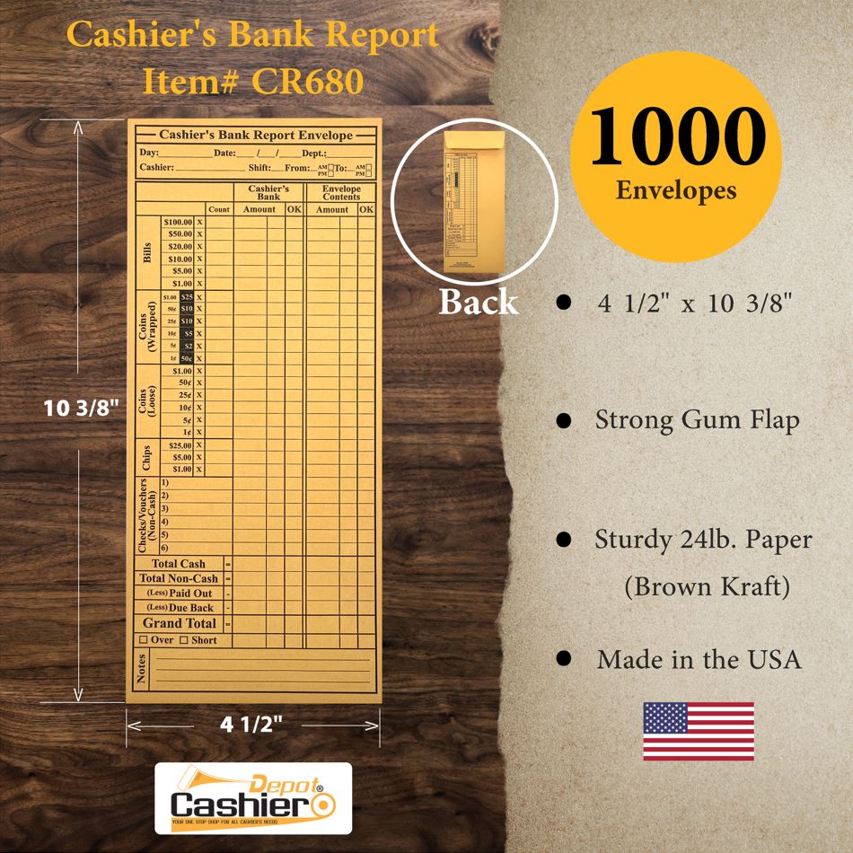 Cashier Depot CR680 Cashier's Bank Report Envelopes, 4 1/2" x 10 3/8 ...