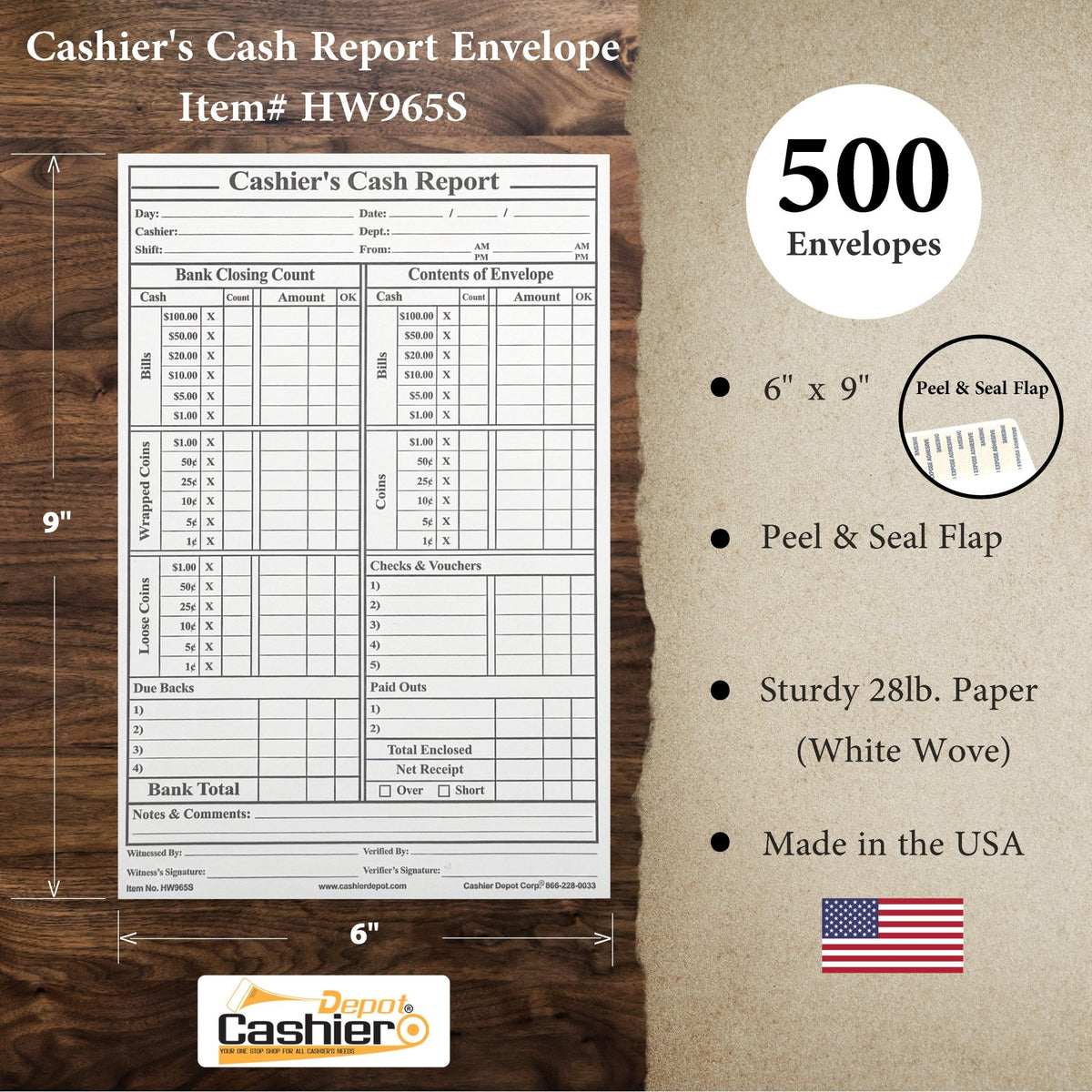 Cashier Depot HW965S Cashier's Cash Report Envelopes, 6" x 9", Open End ...