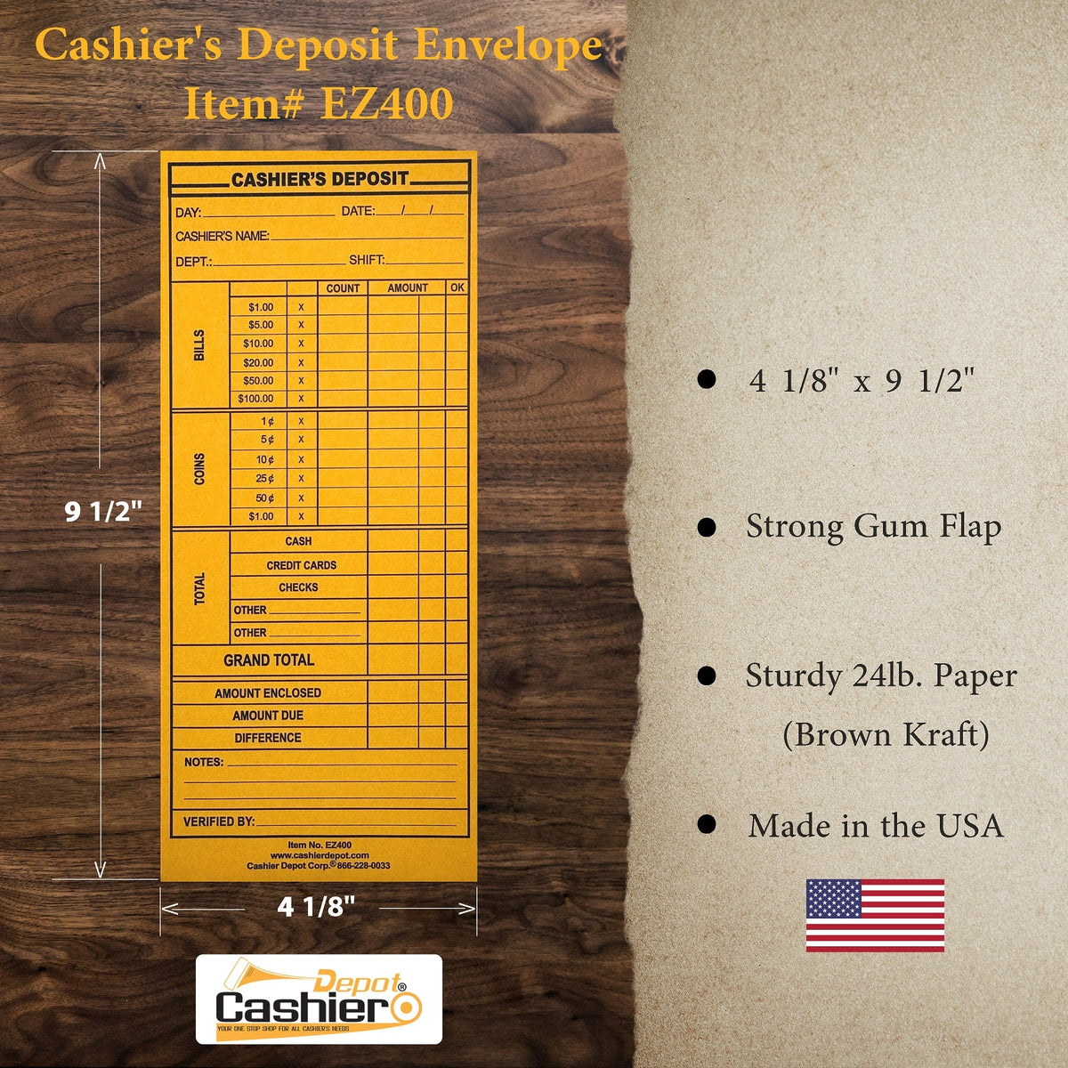 Cashier Depot EZ400 Cashier's Deposit Report Envelope, 4 1/8" x 9 1/2 ...