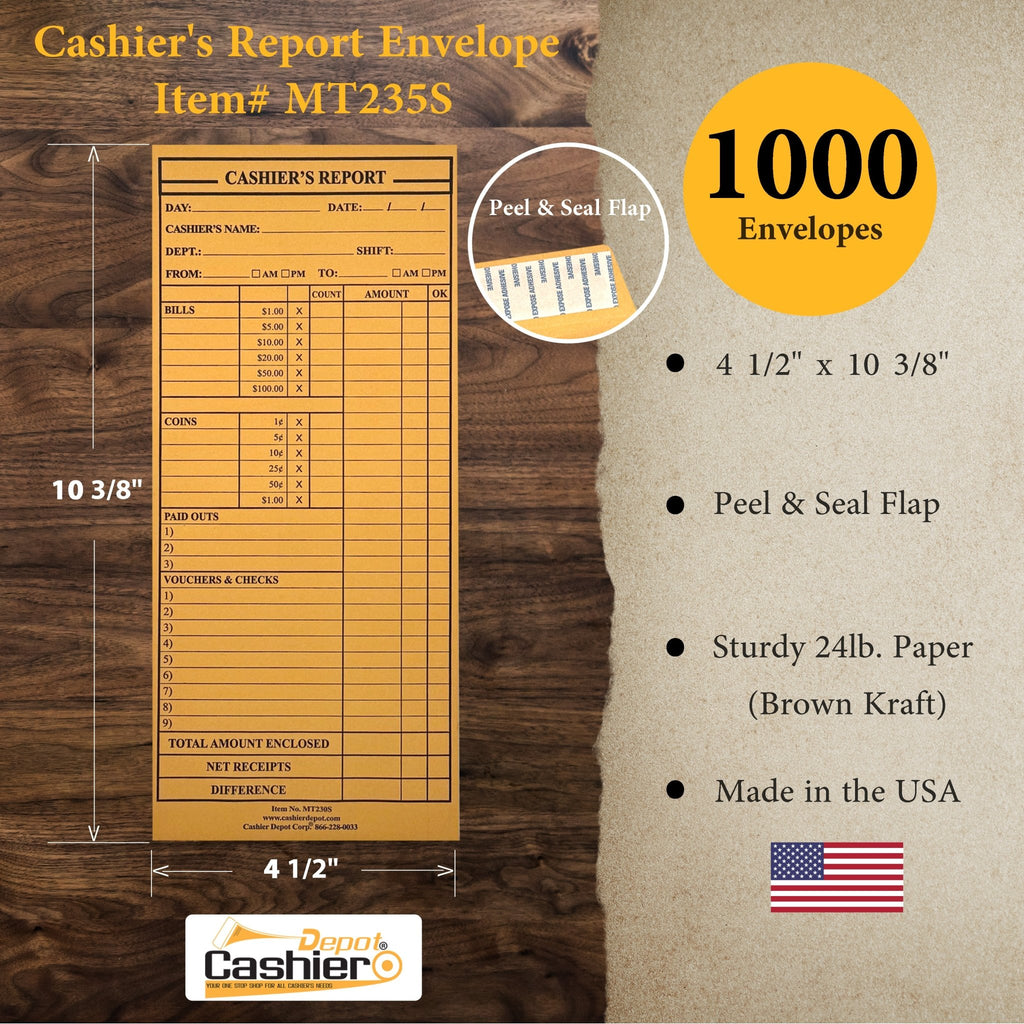 Cashier's Report Envelope MT230S, 4 1/2" x 10 3/8", Sturdy 24lb. Brown ...