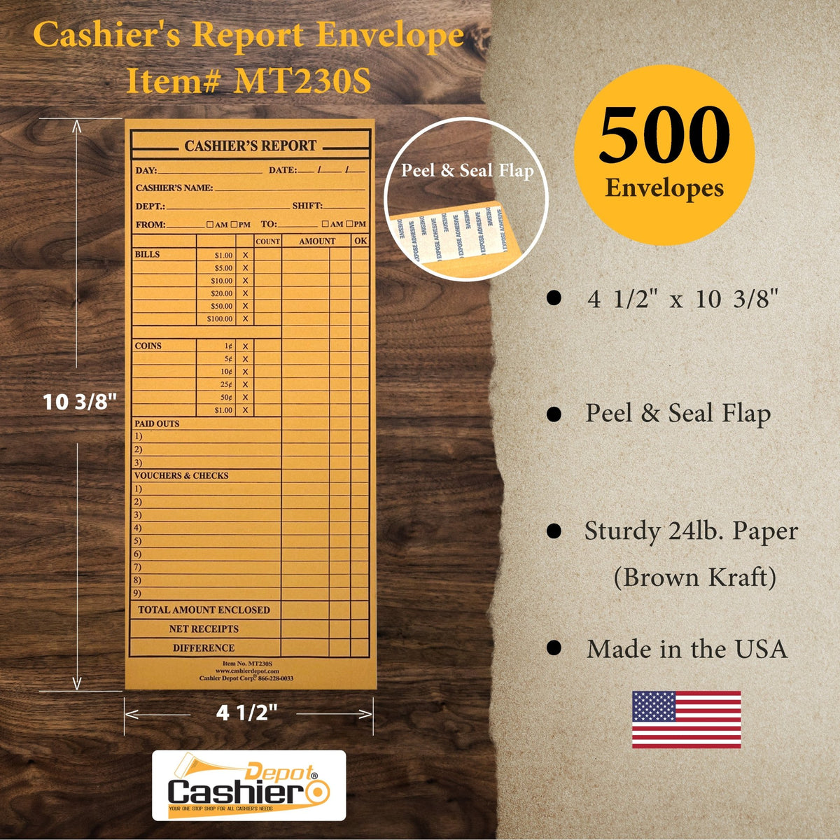 Cashier's Report Envelope MT230S- 4.5" x 10.375", Brown Kraft, peel ...